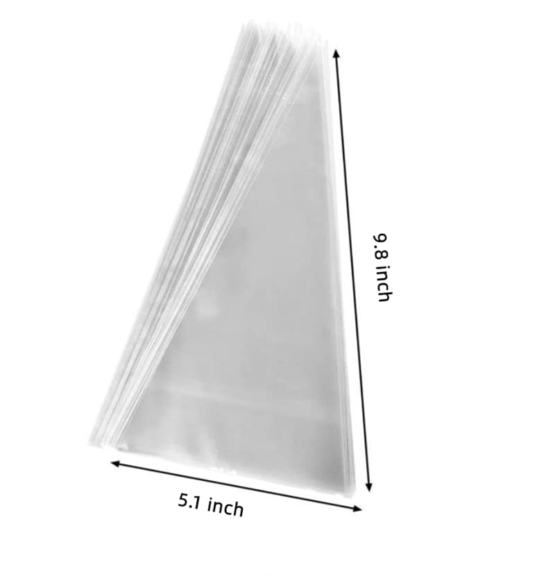 TIMIGGBY 100 Pieces Cone Bag Clear Cone Shaped Treat Bags Cellophane Triangle Bags with 100 PCS Twist Ties Colourful (5.1x9.8 inch)