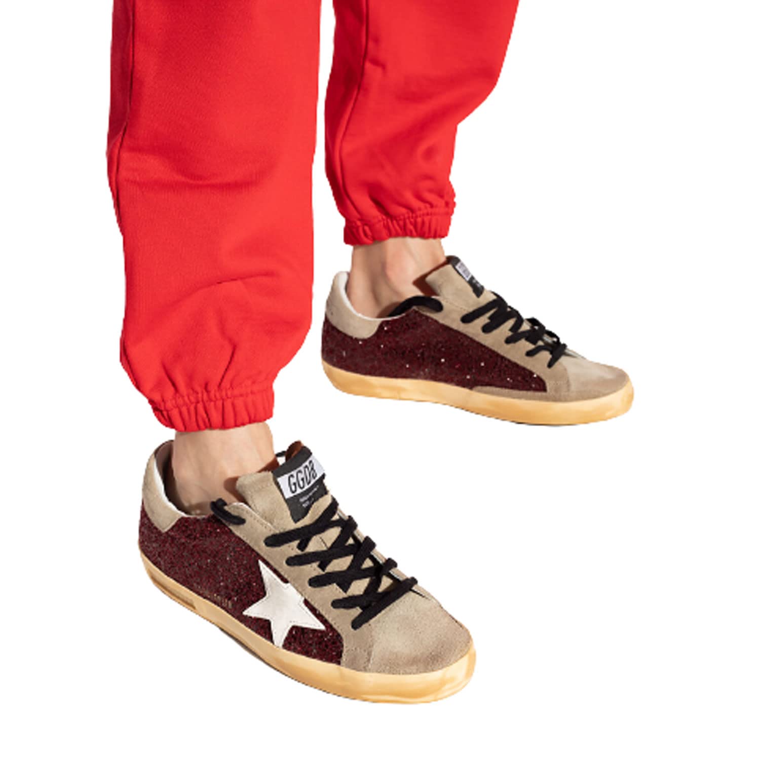 Golden Goose Super-Star Glitter Upper Suede Toe and Heel Leather Star Womens Distressed Sneakers-38 Maroon