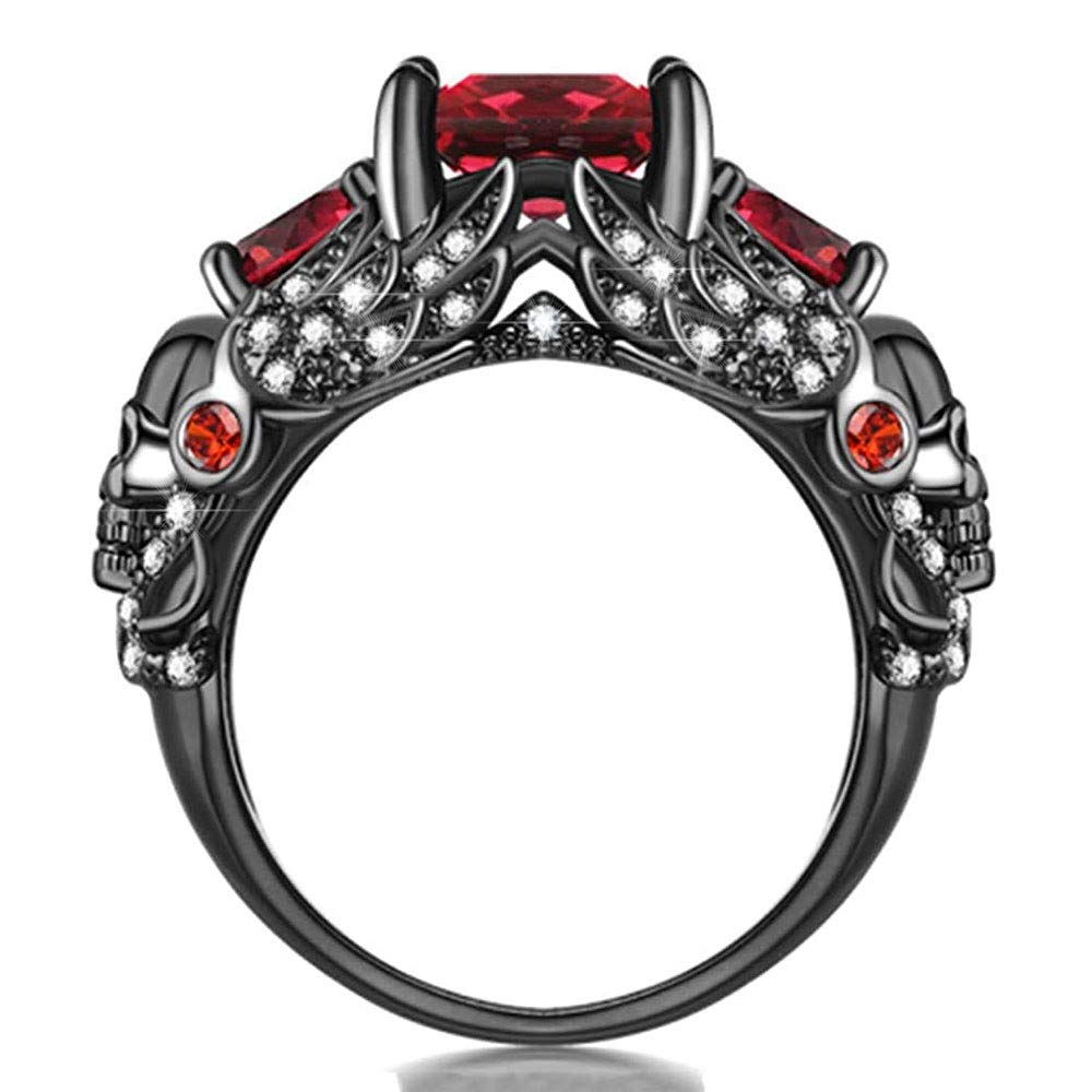 Gothic Jewelry Purple Red Black Crystal Unique Black Skull Rings for Women Halloween Christmas Gifts (Square-Red, 7)