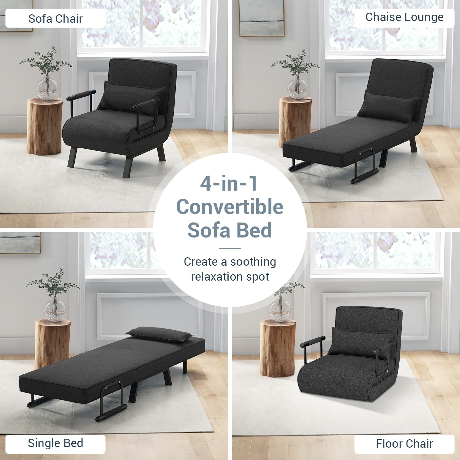 HOMGX, Leisure Recliner Sleeper w/ 6 Adjustable Position Backrest Lounge Seat, Folding w/High Elastic Sponge 4-in-1 Convertible Sofa Chair Bed, Grey