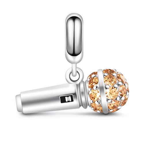 GNOCE Microphone Charm 925 Sterling Silver Singing in Life Mini Microphone with Cubic Zirconia Dangle Charm Pendant for Bracelet/Necklace Jewelry Gift for Women