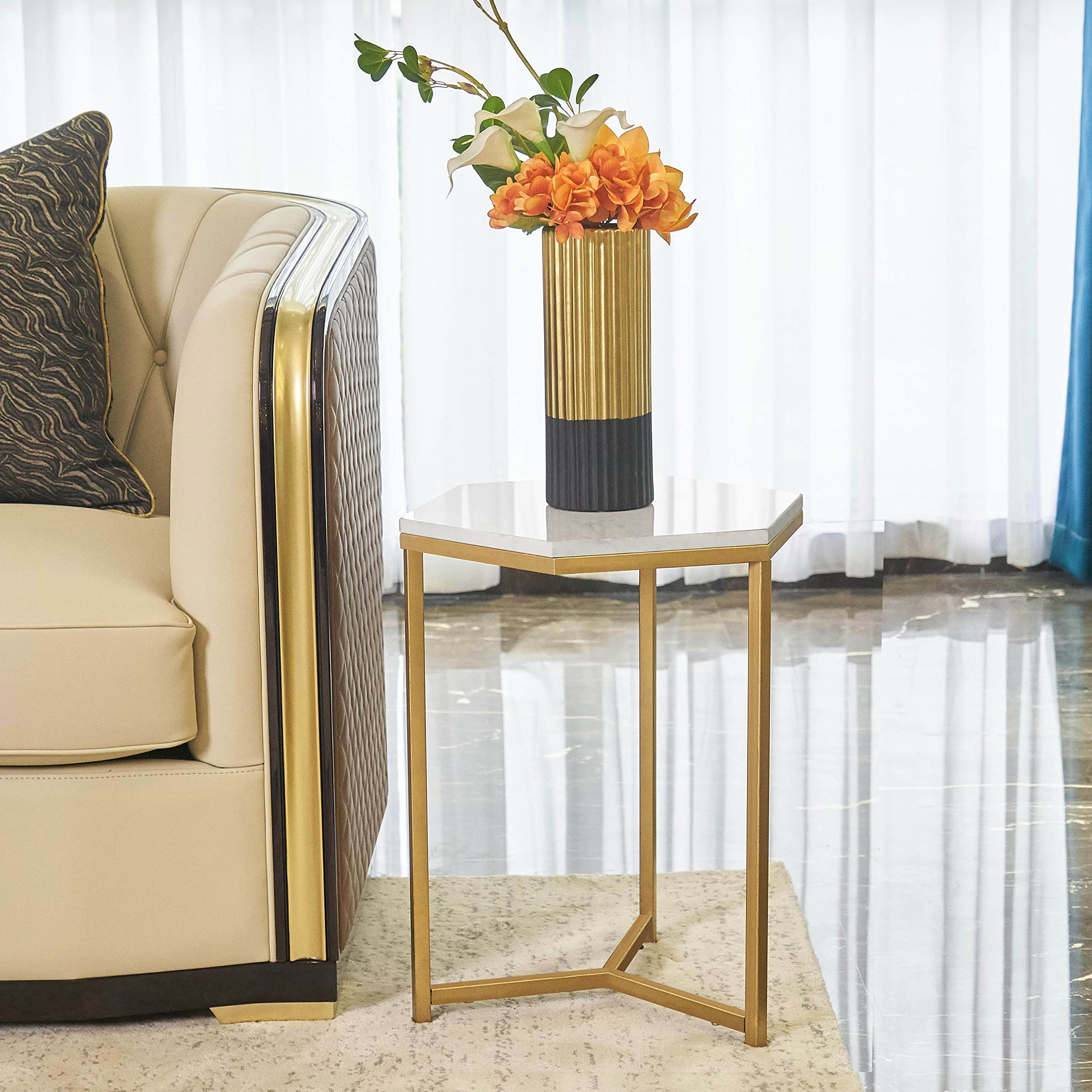 HAWOO Hexagon Gold Accent Side End Table with Faux Marble Top for Living Room, White Nightstand for Home Office Small Space, 16''D x 20" H