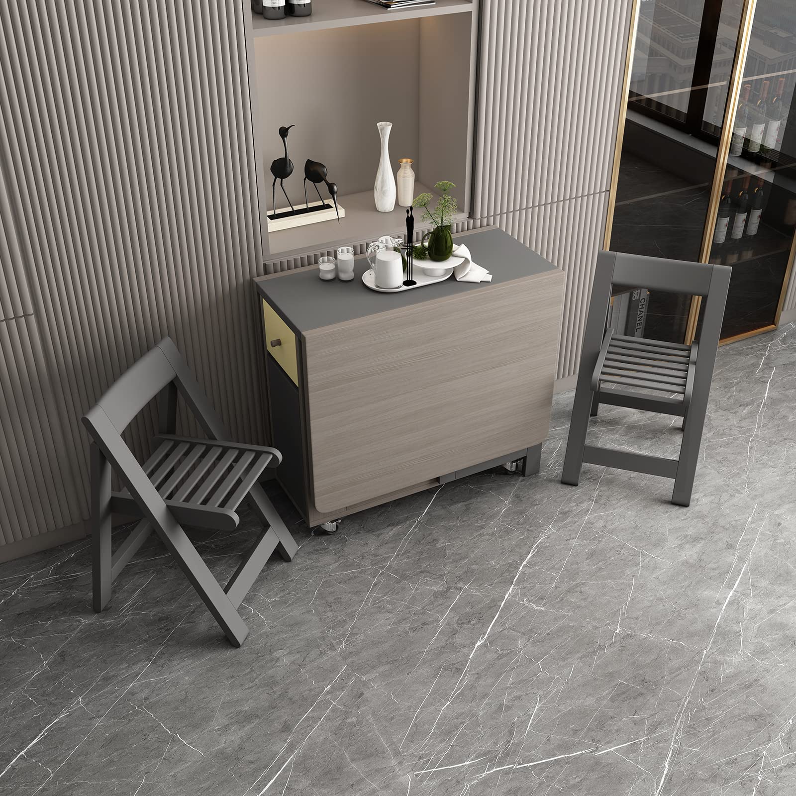 FUNROLUX Folding Dining Table and 2 Pack Folding Chairs Set Grey Extendable Dining Table with Storage Rack and 2 Drawers for Small Spaces