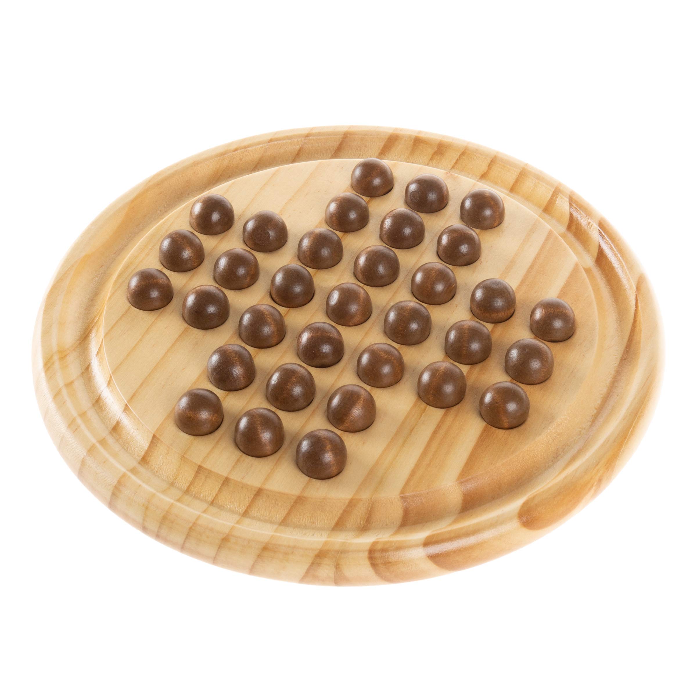 Hey! Play! Wooden Solitaire Board Game- Complete Set with Board and 33 Wood Marbles-Fun Vintage Style 1 or 2 Player Activity for Kids and Adults , Brown