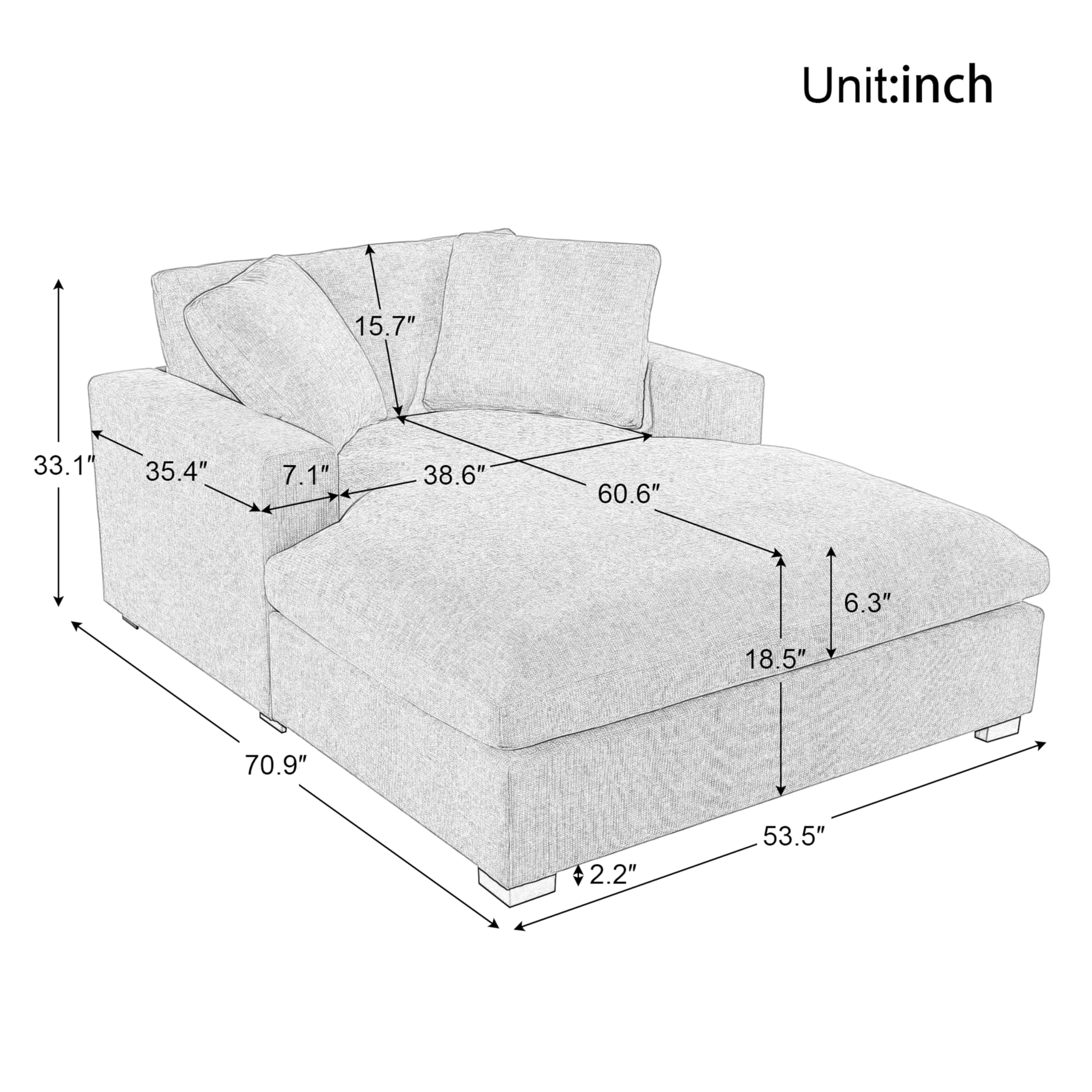 RuiSiSi Oversized Chaise Lounge Chair Indoor, Upholstered Comfy Sofa with 2 Throw Pillows and Armrests, Modern Upholstered Sofa Couch Frame with Solid Wood Legs, Grey