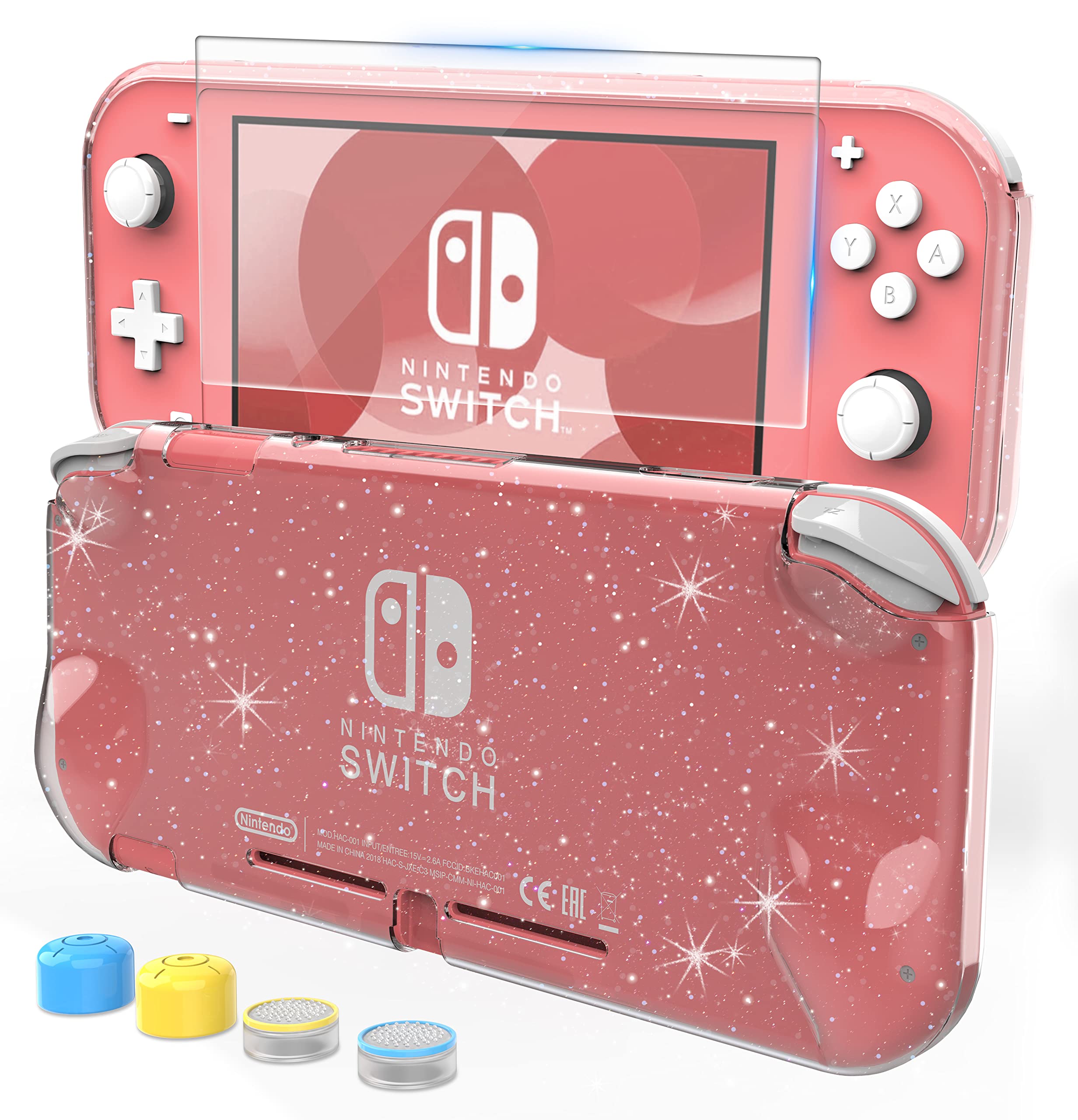 HEYSTOP Switch Lite Pink Cover Case for Girls, Glitter Bling TPU Protective Case with HD Tempered Glass Screen Protector and Thumb Grips with Shock-Absorption/Anti-Scratch Design - Glitter Bling