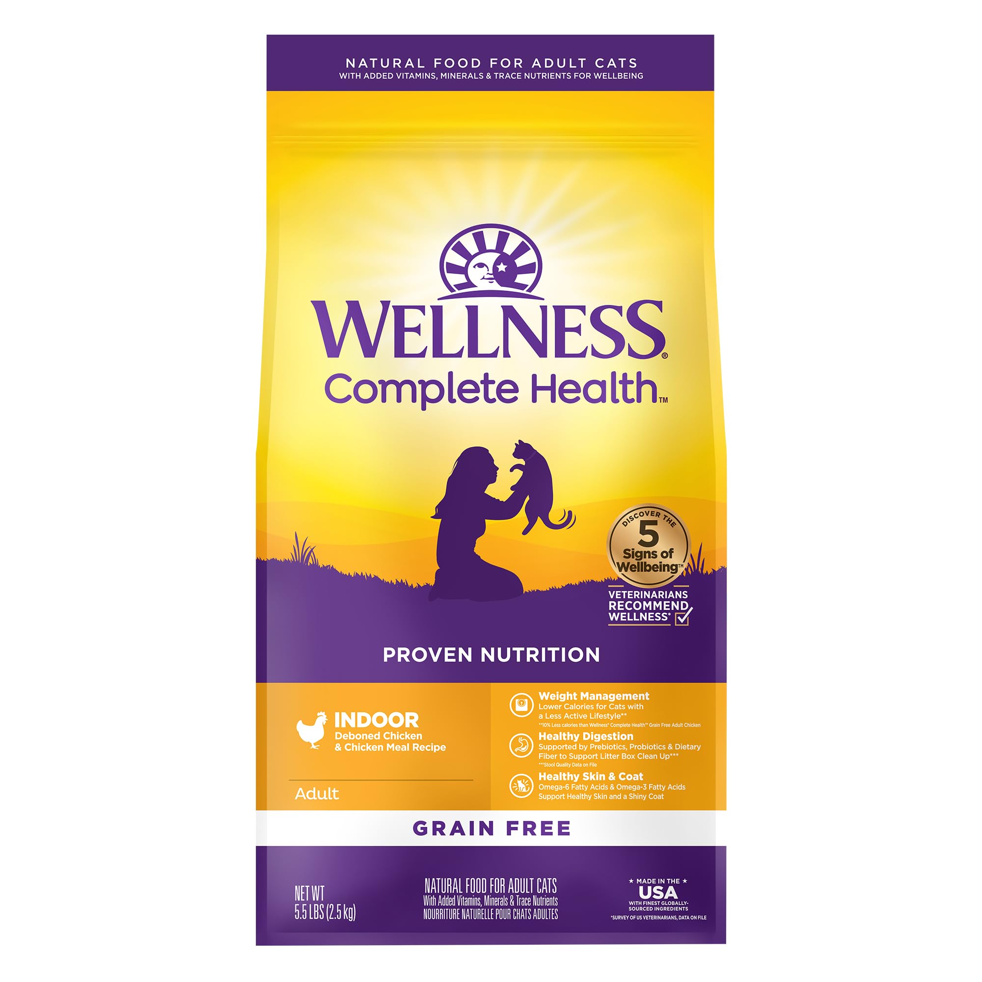 Wellness Natural Pet Food Complete Health Grain-Free Indoor Deboned Chicken Recipe Dry Cat Food, 5.5 Pound Bag
