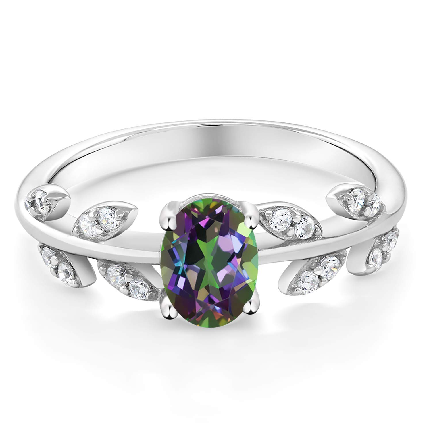 Gem Stone King 925 Sterling Silver 7X5MM Oval Gemstone Birthstone Twisted Olive Branch Leaf Vine Band Wedding Ring For Women | Available In Size 5, 6, 7, 8, 9