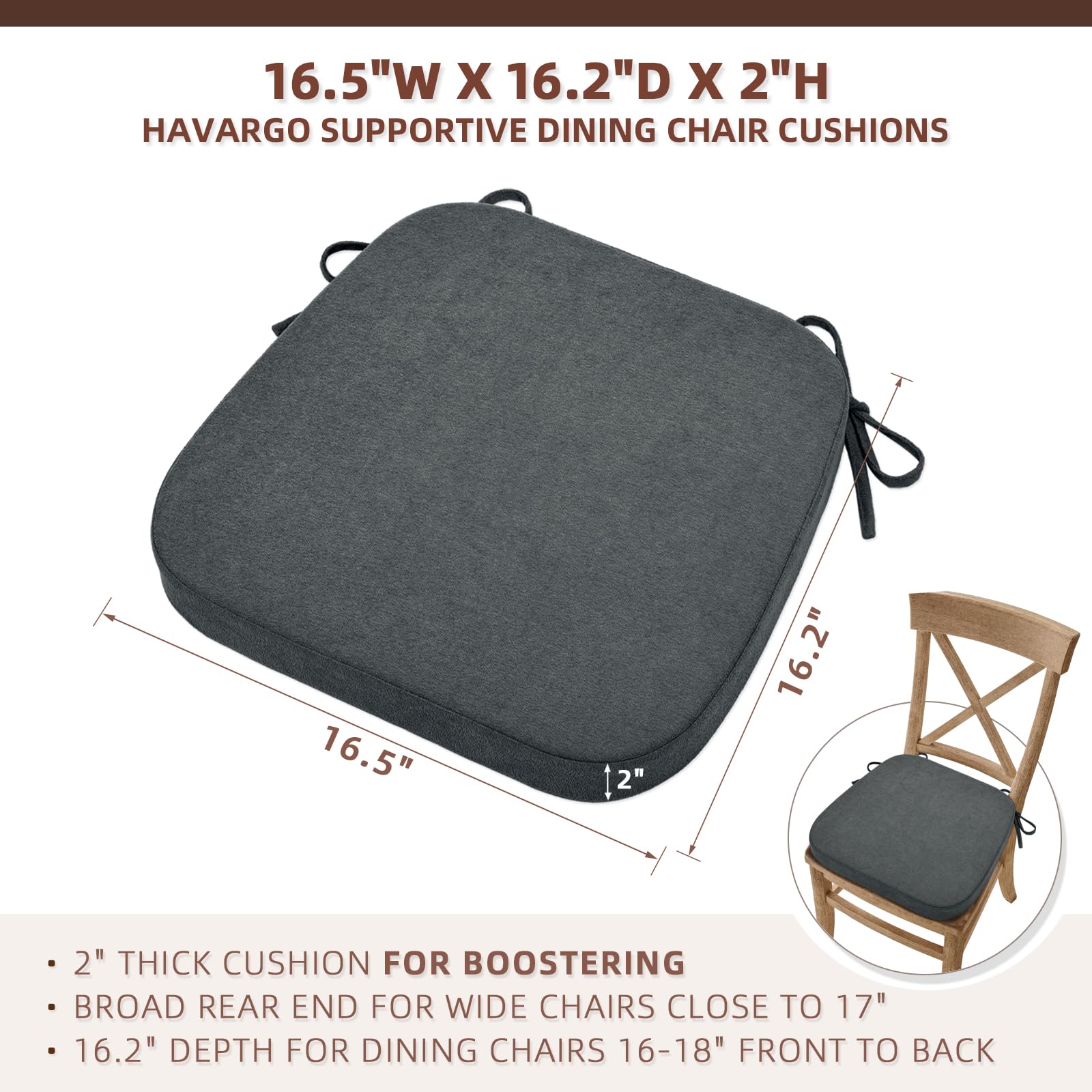 HAVARGO Chair Cushions for Dining Chairs with Supportive Foam [16.5x16.2 Inches] Kitchen Chair Pads Indoor Seat Cushions for Dining Chairs, 2" Thick Dining Room Chair Cushions Set of 4 Dark Grey