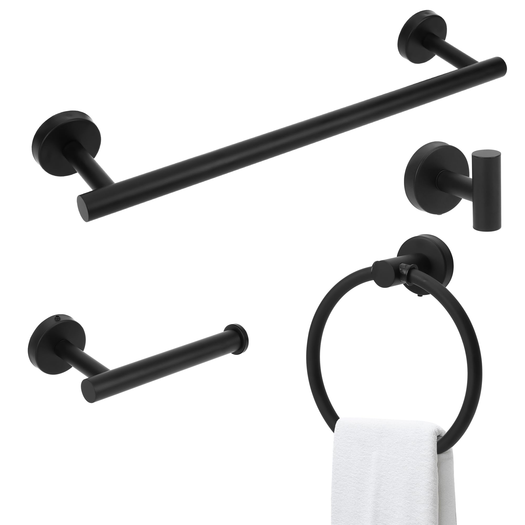 HAKJHAA Bathroom Hardware Set 4 Pieces - SUS 304 Stainless Steel Towel Rack Set - Includes 16In Towel Bar, Toilet Paper Holder, Towel Ring, Robe Towel Hooks - Wall Mounted Black