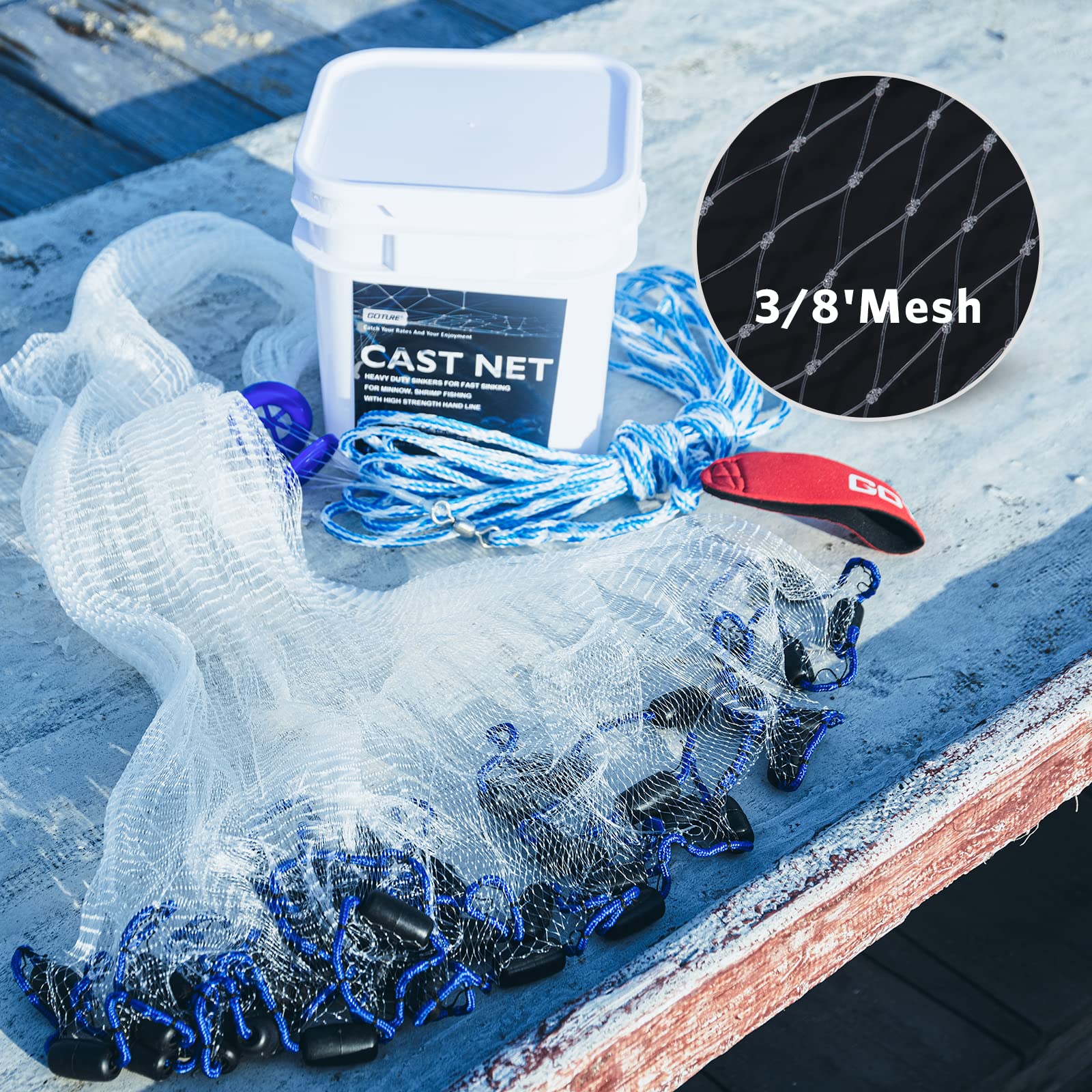 Goture American Fishing Cast Net,Casting Net Freshwater Saltwater for Bait Fish Shrimp Trap 3ft/4ft/6ft/7ft/8ft/10ft/12ft Radius 1/4 3/8inch Mesh Size,Throw Fishing Castnet with Needle Shuttle