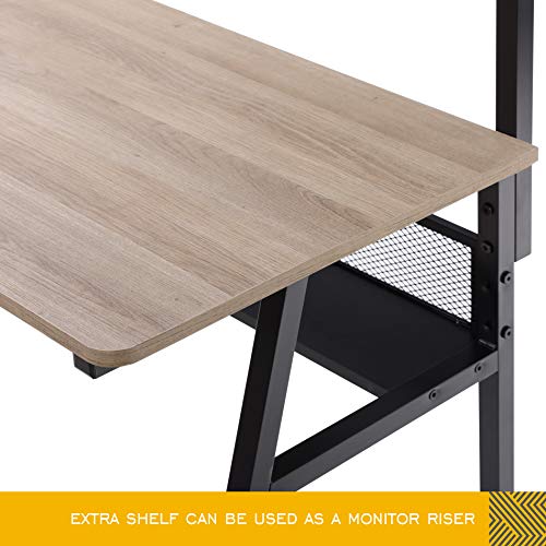 HOMOOI Height Adjustable Computer Desk with Printer Shelf and Bookshelf, Home Office Workstation for Small Space,Beige