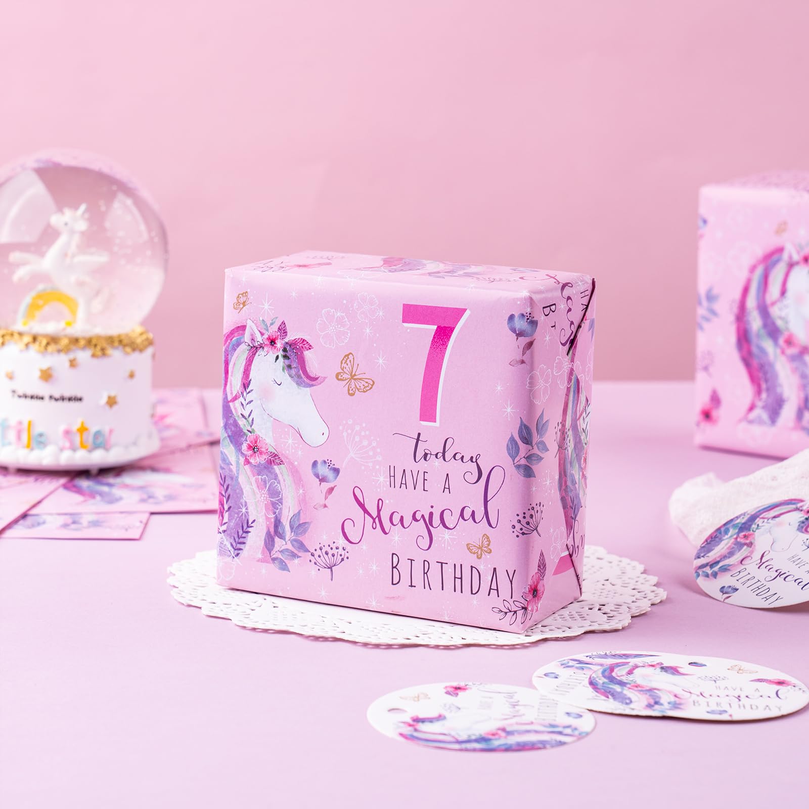RUSPEPA Birthday Wrapping Paper Sheets with 7 Year Old Pink Pattern Great for Birthday Gift Wrap, 6 Fold on Sheets Each Set, 27 inches x 19 inches
