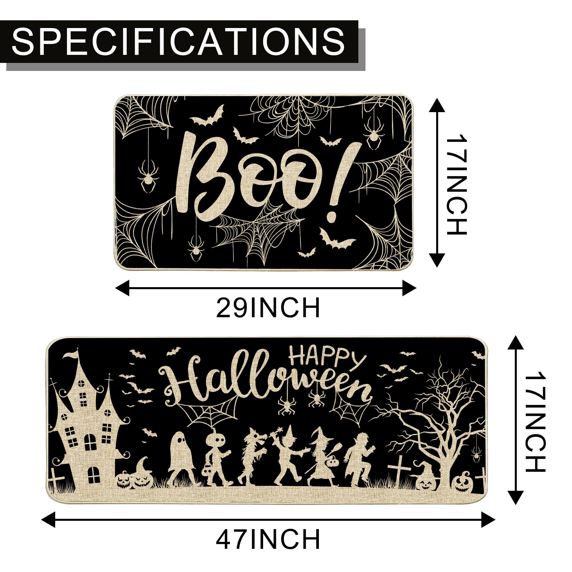 Halloween Kitchen Mats Set of 2, Happy Halloween Kitchen Rugs and Mats, Boo Black Spider Web Mats Kitchen Decor Mats for Floor, Decorative Halloween Kitchen Decor 17x29 Inch-17x47 inch