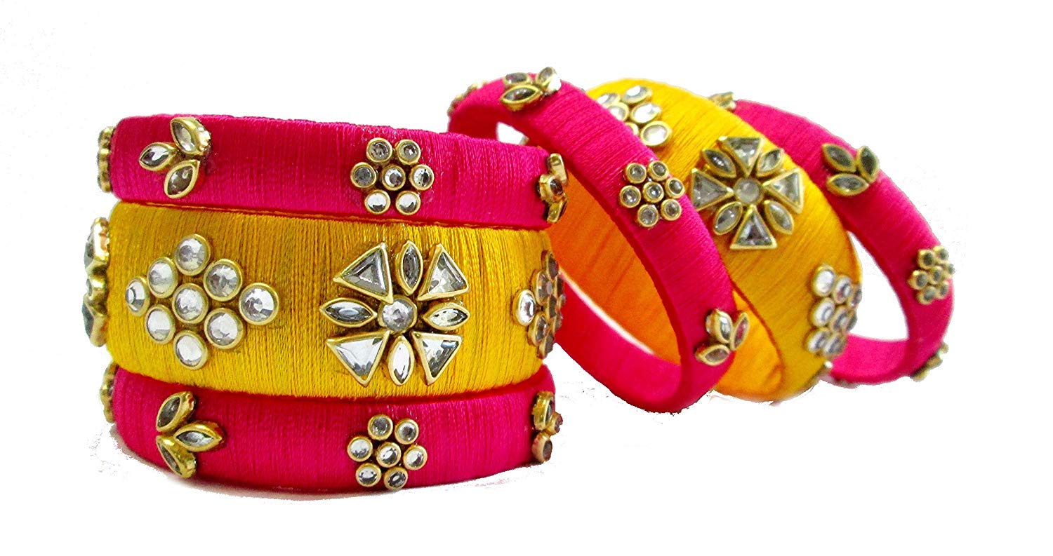 GOELX Silk Thread Bangles Designer Beautiiful Kundan Bangle Set - Rani Pink and Yellow