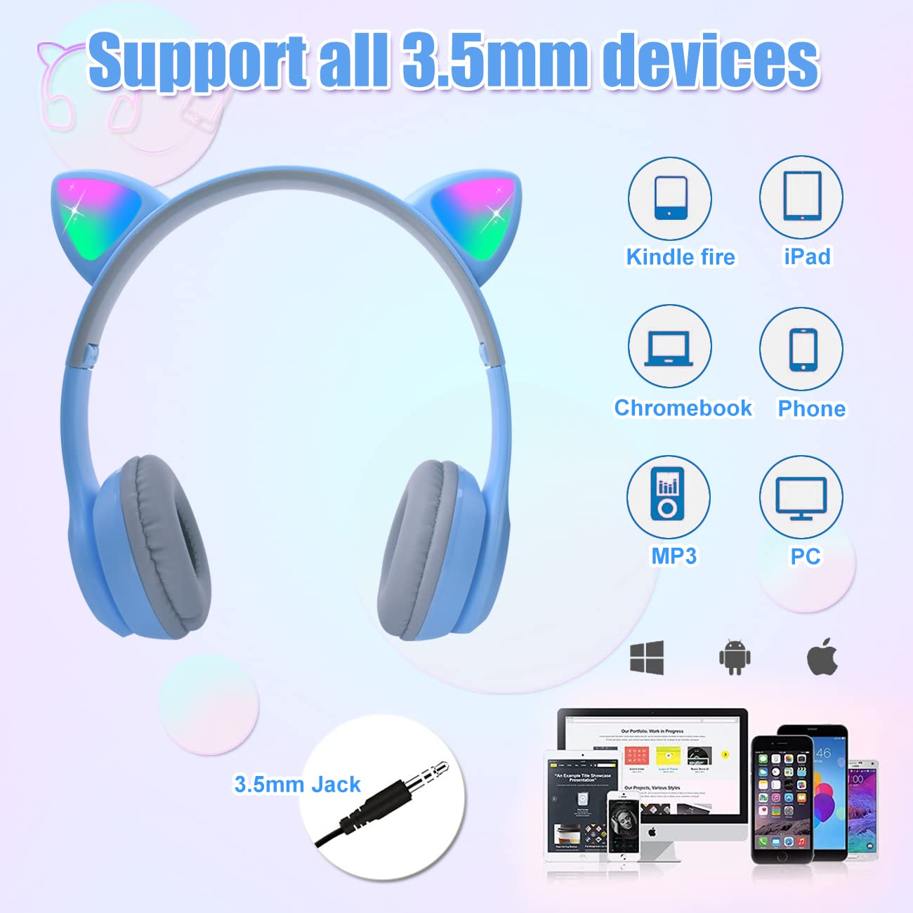 Joso Cat Ear Headphone, Kids Headphones with Mic&LED Light Up Cat, 85dB Safe Volume Limited, Foldable Kitty Headpones for Online Learning, School, Travel, Tablet, Smartphone - Support 3.5mm Audio