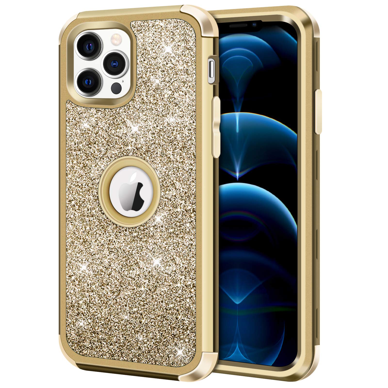 Hython Compatible with iPhone 12 Pro Max Case, Heavy Duty Defender Protective Case Bling Glitter Sparkle Hard Shell Hybrid Shockproof Rubber Bumper Cover for iPhone 12 Pro Max 6.7-inch 2020, Gold