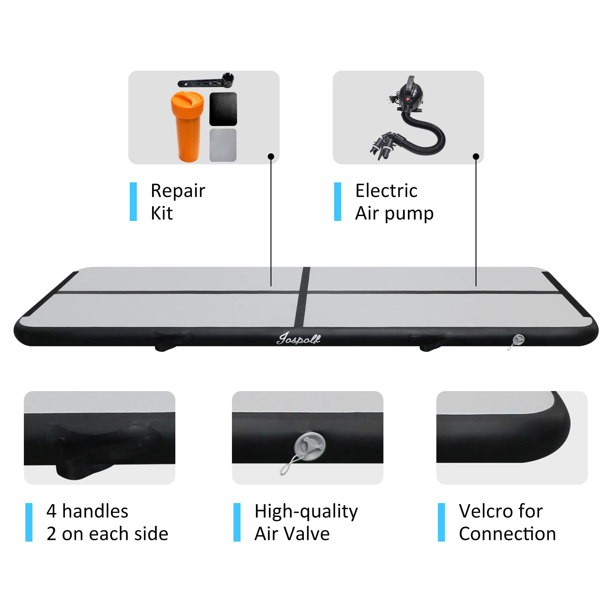 Jospolf Air Tumbling Mat,10ft/13ft/16ft/20ft Inflatable Gymnastics Air Mat for Gymnastics Training/Home Use/Yoga/Water (Black)