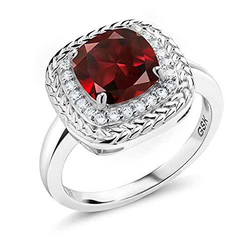 Gem Stone King 925 Sterling Silver 8MM Cushion Gemstone Birthstone Halo Engagement Ring | Wedding Engagement Anniversary Promise Ring For Women | Available In Size 5, 6, 7, 8, 9