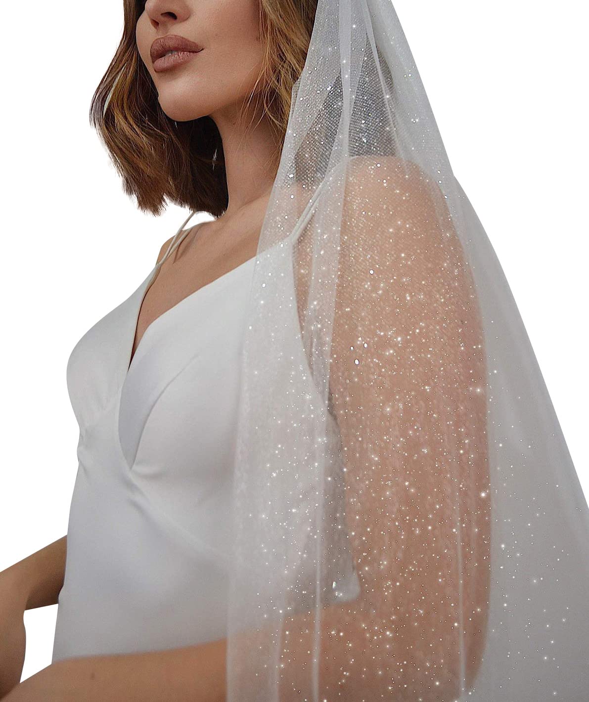 Hazhlko Women's Ivory Single-tier Cathedral Length Glitter long Wedding Veil Sparking Bridal Veil with Metal Comb 118"