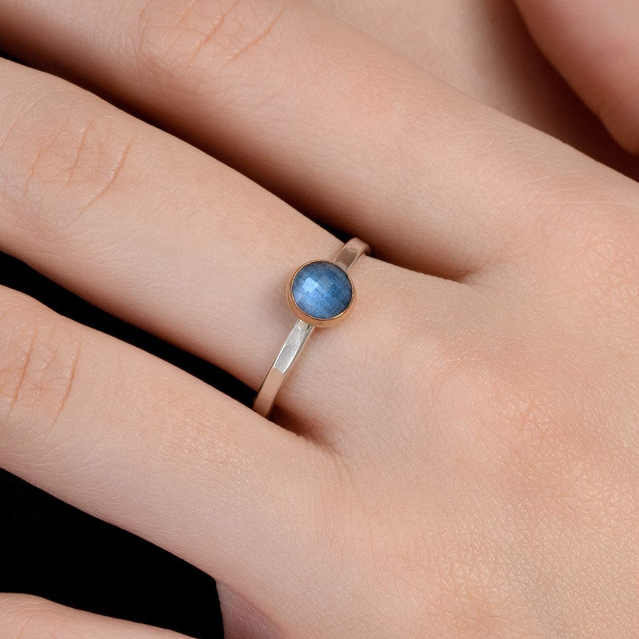 Handmade 2 tone Hammered Silver Ring and 14K Gold-Filled Base with Cubic Zirconia 6mm/4mm Simulated Diamond Engagement Wedding Ring Couples Band, Statement Stacking For Women (6mm Blue Topaz, 12)