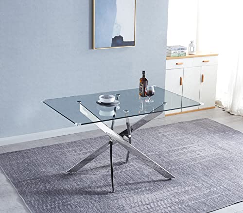 Yoluckea Modern Rectangular Glass Table Tempered Glass Dining Table with Stainless Steel Base Clear Beveled Edges Glass Kitchen Table for Home Kitchen Dining Room 51.20"W x 31.50"D x 29.50"H Silver