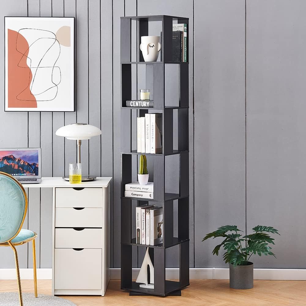 RVEE Rotating Bookshelf 360°, 6 Tier Corner Bookcase for Living Room Floor Bookcase Wooden Bookshelf Home Office Corner Tall Bookcase (Black)