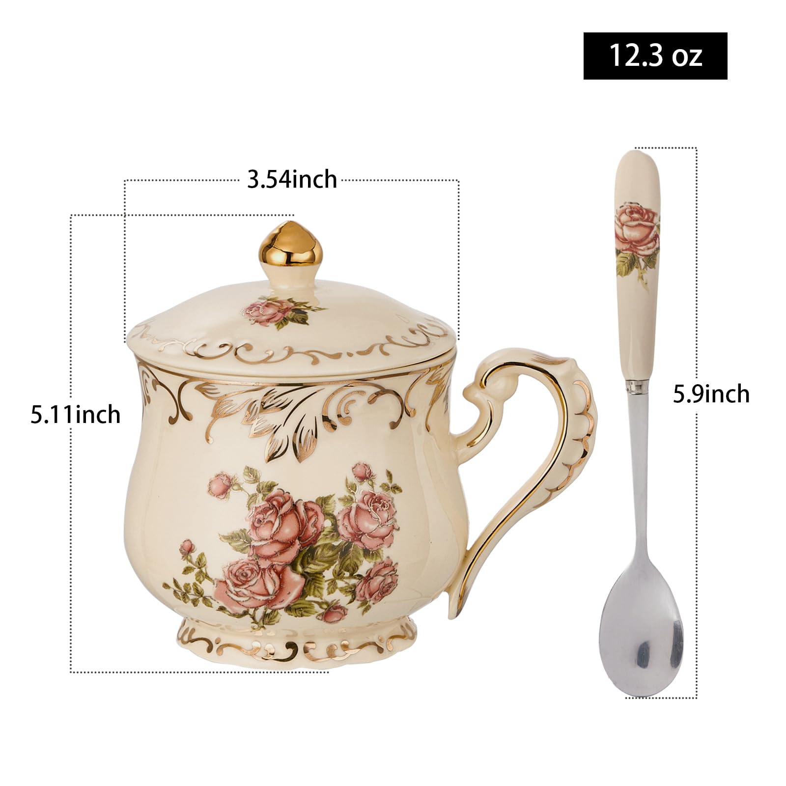 YOLIFE Tea Cup with Lid, 12 oz Tea Cup with lid and Spoon, Ceramic Flower Tea Cups Birthday Gift for Mom Women (Pink Rose)