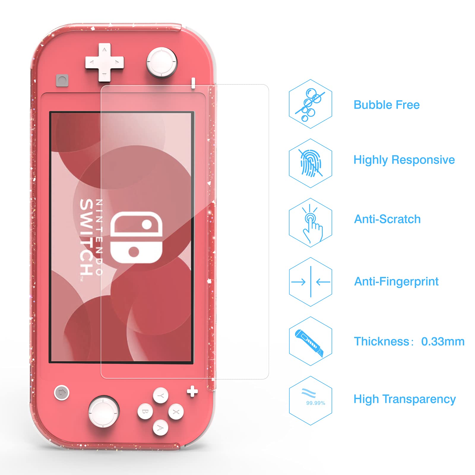 HEYSTOP Switch Lite Pink Cover Case for Girls, Glitter Bling TPU Protective Case with HD Tempered Glass Screen Protector and Thumb Grips with Shock-Absorption/Anti-Scratch Design - Glitter Bling