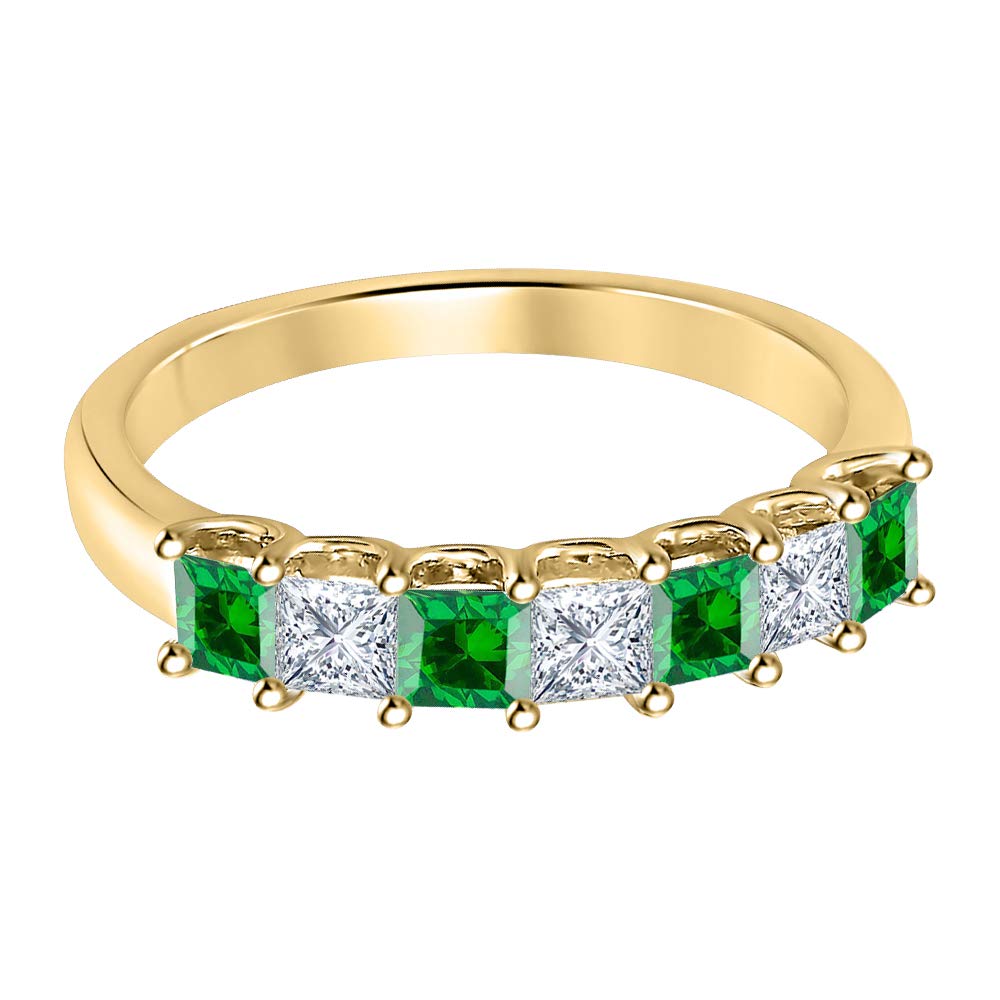 Gold & Diamonds Jewellery Princess Cut Emerald & Diamond Half Eternity 14k Yellow Gold Plated Wedding 7-Stone Band Ring for Women