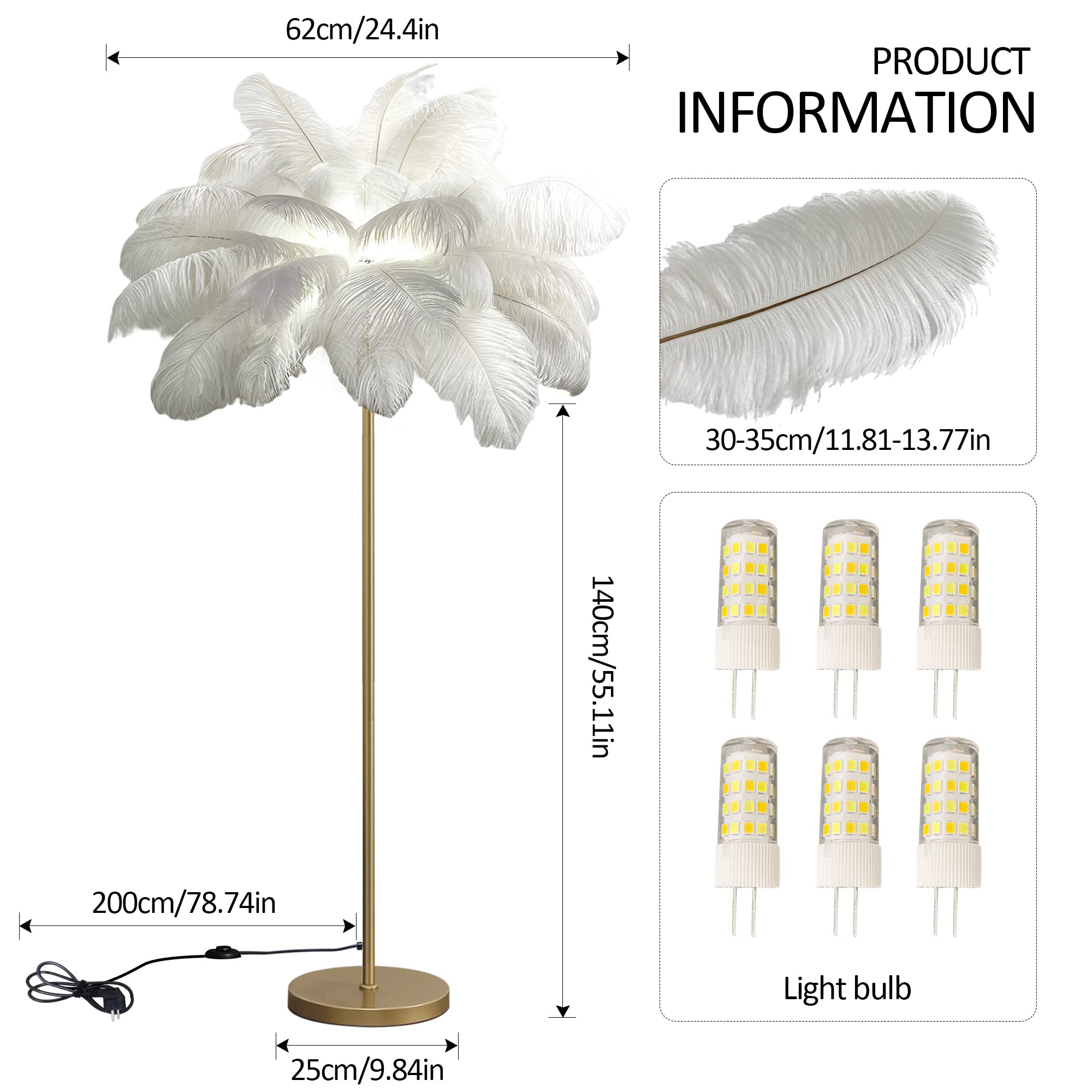 HDXZTQ Floor Lamp, Standing Lamp Tall Feather Floor Lamps 62.9in White Floor Lamps for Living Room Foot Switch / 6*G4 Feather Lamp