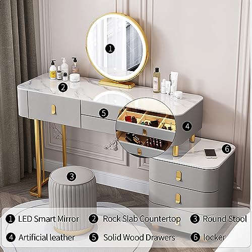 Winfree Makeup Vanity Table with 5 Solid Wood Drawers and Vanity Chair, 3 Color Light Adjustable Brightness, Including LED Makeup Mirror,for Family Bedroom, for Her (31.5β)