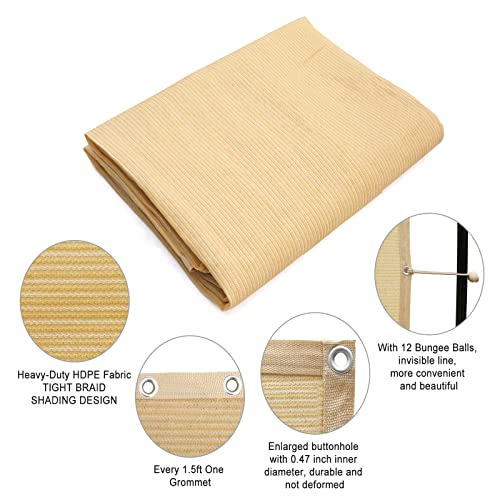 Shatex 90% Shade Fabric 6' x 10' Sun Shade Cloth with Grommets for Pergola Cover Canopy, Wheat, 12 Bungee Balls