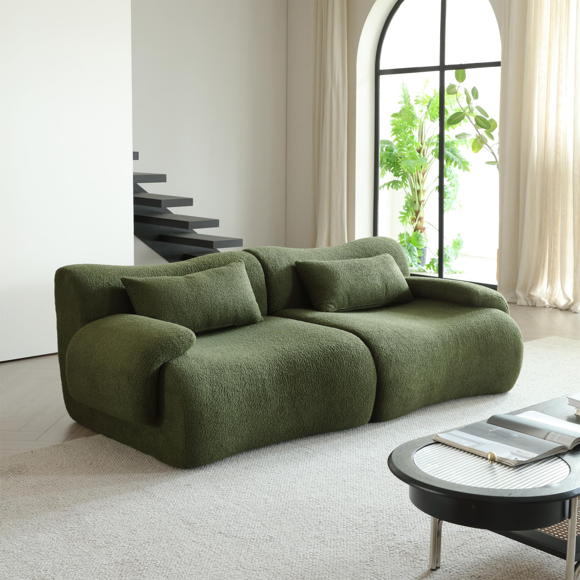 Rubikliss Deep Seat Sectional Sofa,78" Comfy Cloud Loveseat Sofa with Boucle Fabric, Oversized Sectional Couches with 2 Pillows for Living Room Bedroom Apartment Office, No Installation, Green