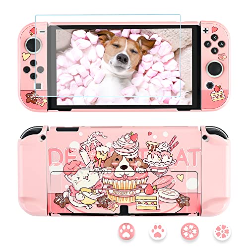 Improved - FANPL Cute Case for Nintendo Switch OLED, Pink PC Protective Cover for Switch OLED Console and Joy Con, Kawaii Skin with Thumb Cap & Screen Protector, Accessory for Girl - Dessert Cat & Dog