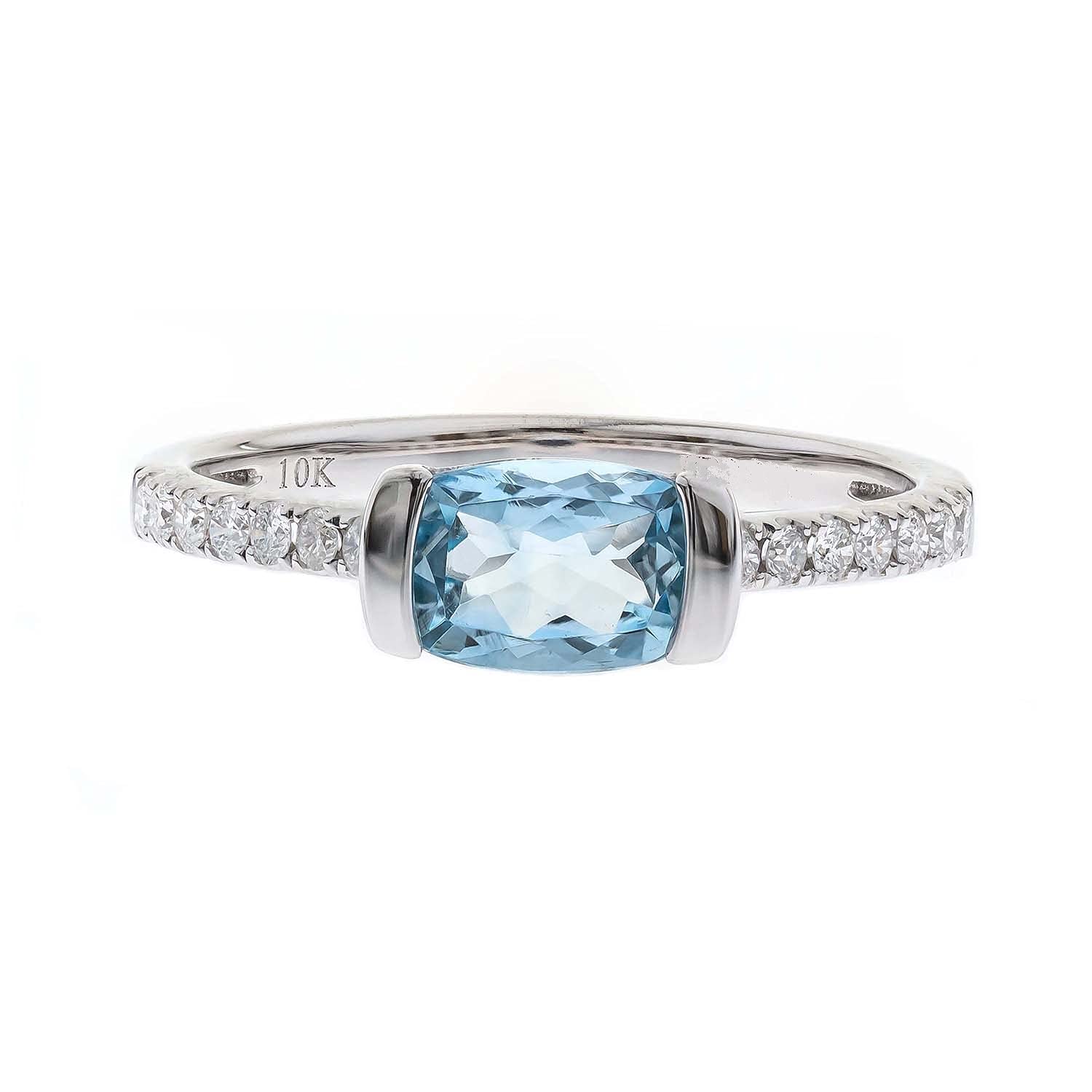 Gin & Grace 10K White Gold Genuine Aquamarine Ring with Diamonds for Women | Ethically, authentically & organically sourced (Cushion-Cut) Shaped Aquamarine Hand-Crafted Jewelry for her