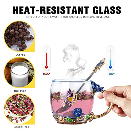 SHEEYEE Glass Coffee Mugs with Spoon, Enamel Butterfly Rose Flower Tea Cups with Decorative Handle Tea Sets for Women Gift 11 oz.(2 Sets)