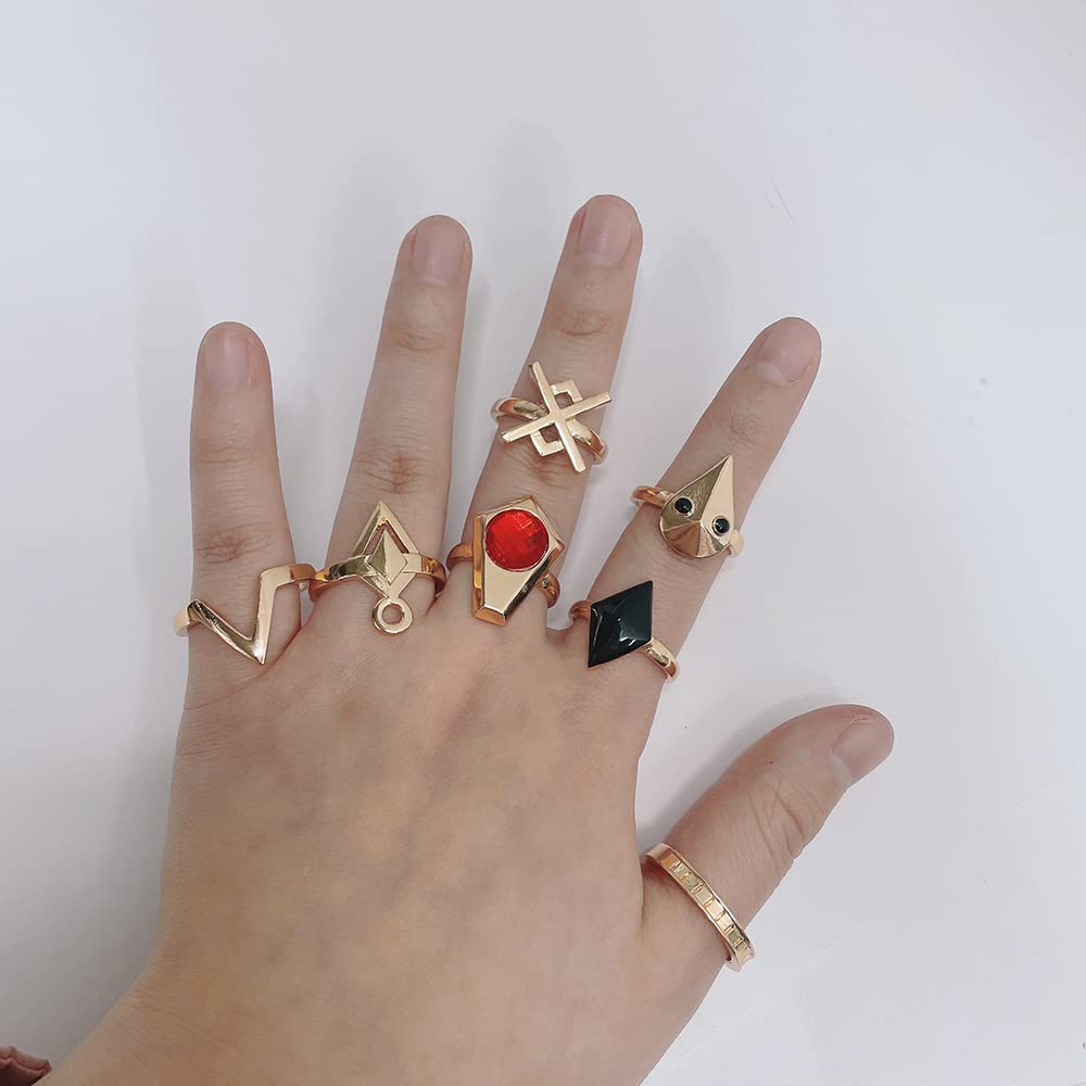 Genshin Hutao Cosplay Rings - 7pcs set Adjustable Metal Finger Ring For Men Women - Props Jewelry Halloween Costume Accessories (gold)