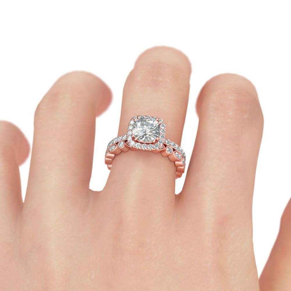 Greendou Fashion Jewelry 14k Rose Gold Plated Sterling Silver Round Clear Zirconia Flower Halo Ring Set (10)