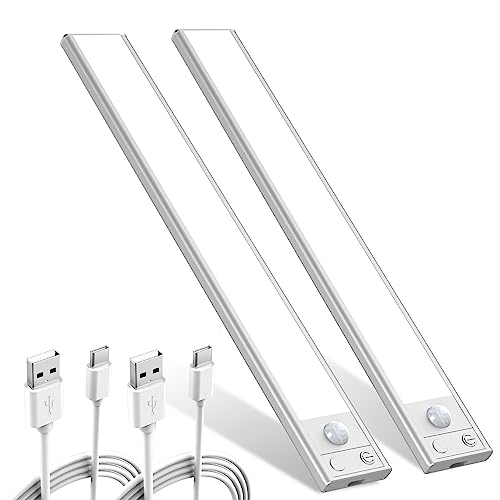 ULG Motion Sensor Under Cabinet Lights 12'' USB-C Rechargeable Closet Lights 47 LED Under Cabinet Lighting Wireless 6000K Dimmable Under Counter Lights for Kitchen, Hallway, Stairway - 2/Pack