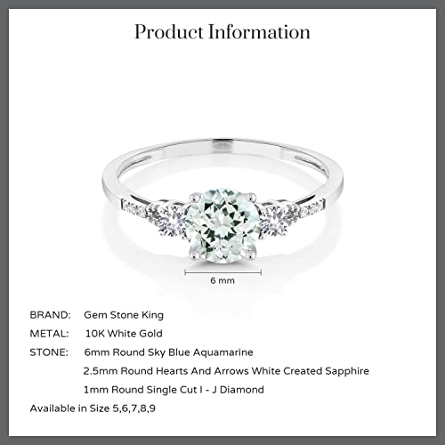 Gem Stone King 10K White Gold 6MM Round Gemstone Birthstone White Created Sapphire & White Diamond Accent 3-Stone Engagement Ring | Three-Stone Wedding Anniversary Promise Ring For Women