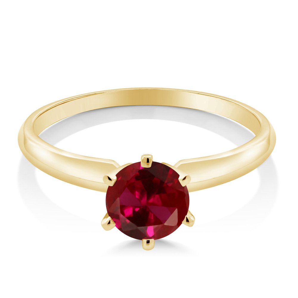 Gem Stone King 14K Yellow Gold Red Created Ruby Engagement Ring | 1.00 Cttw | Round 6MM | Wedding Solitaire Anniversary Promise Gold Ring For Women | Available In Size 5, 6, 7, 8, 9