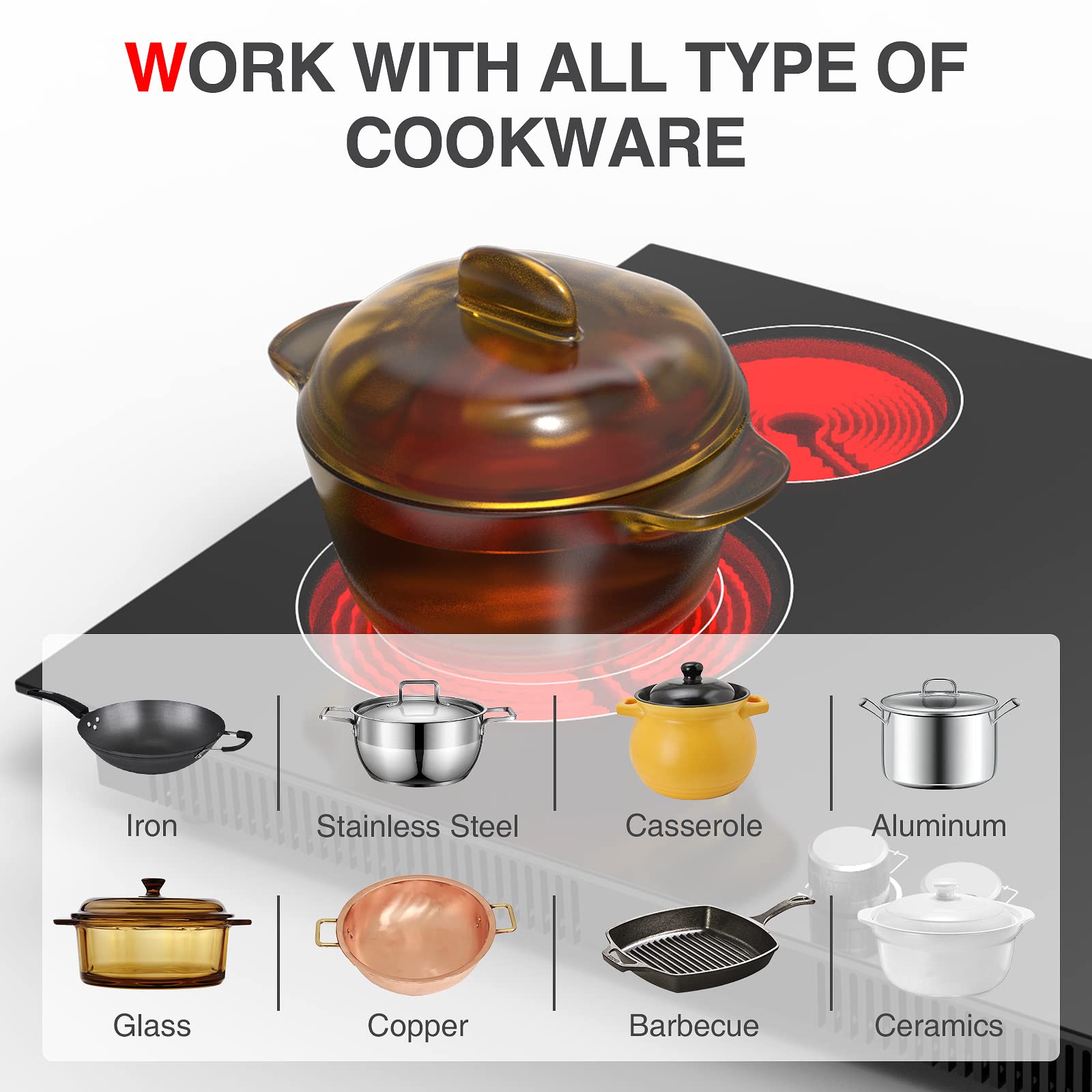 GTKZW Electric Cooktop 30 Inch, 6800W Ceramic Electric Stove Top with 4 Burners 220v, Knob Control, 9 Heating Levels, Kids Lock & Timer, Hot Surface Indicator, Hardwired, no Plug