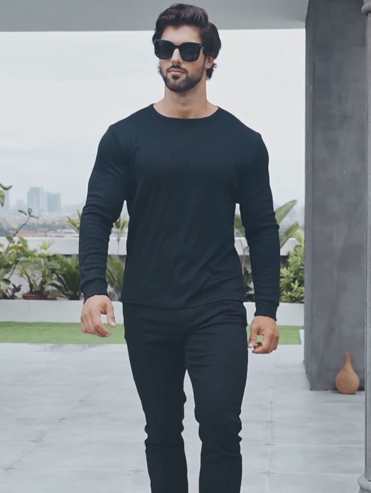KELLORENA Men's Muscle T-Shirt Stretch Breathable Long Sleeve Casual Hipster Tops Gym Workout Athletic Slim Fit Cotton Tee Black