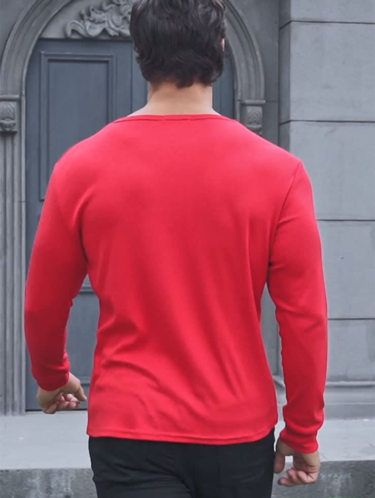 KELLORENA Men's Muscle T-Shirt Stretch Breathable Long Sleeve Casual Hipster Tops Gym Workout Athletic Slim Fit Cotton Tee Red