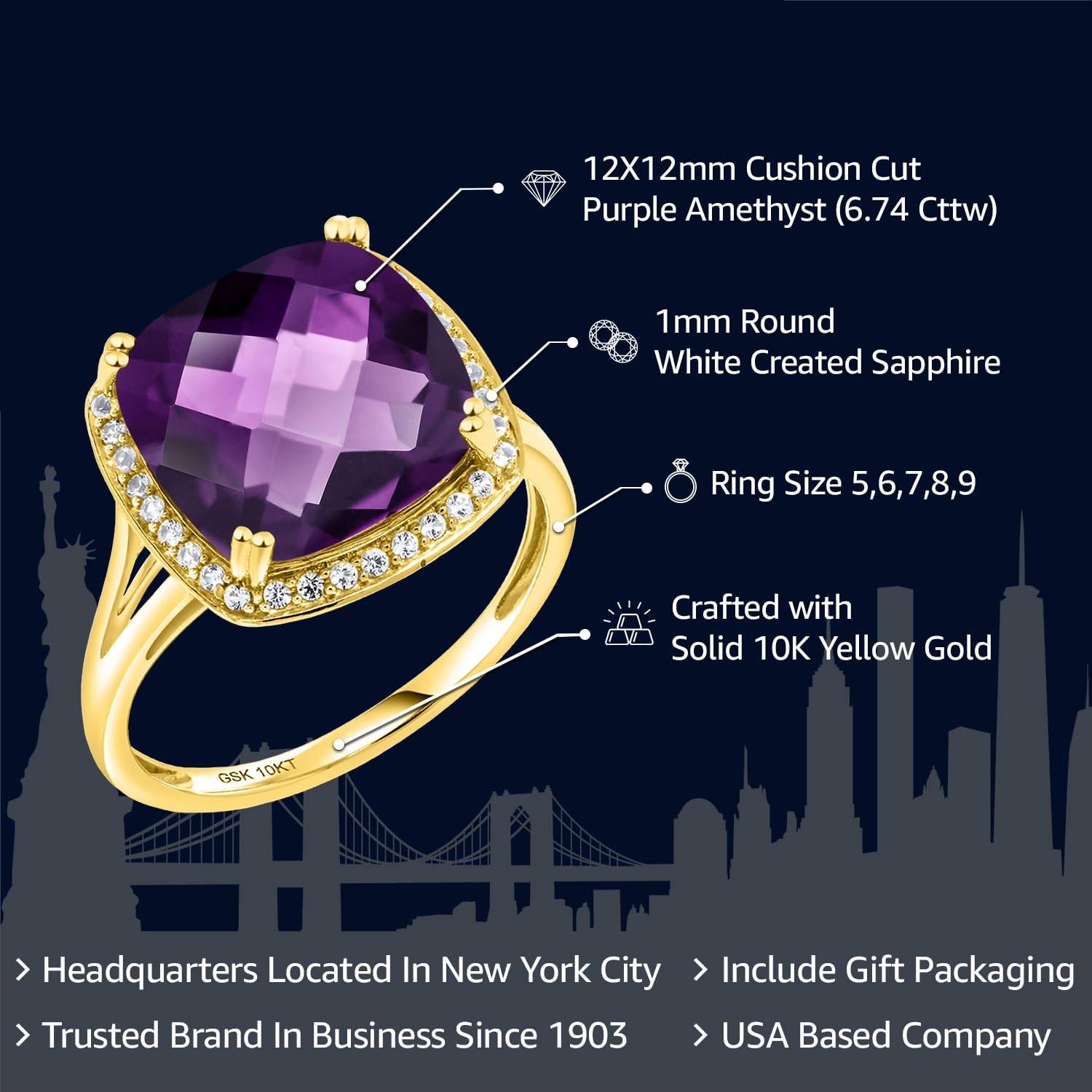 Gem Stone King 10K Yellow Gold Purple Amethyst and White Created Sapphire Ring For Women (6.74 Cttw, Cushion Cut 12MM, Gemstone Birthstone, Available 5,6,7,8,9) (Size 6)