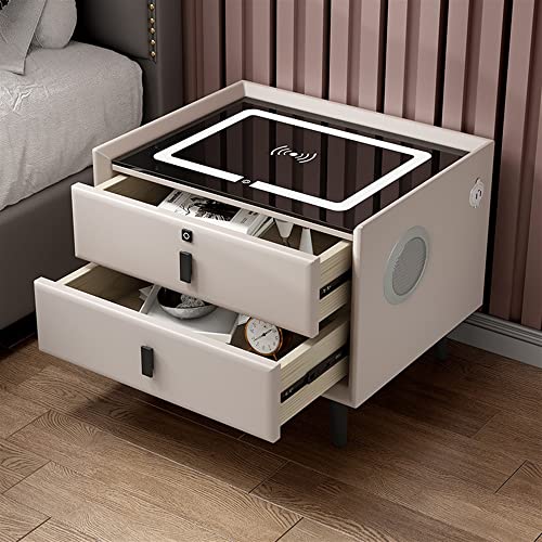 SXGWS Solid Wood End Table with Charging Station Wireless and LED Lights,Bluetooth Speaker Side Table,with 2/3 Storage Drawers for Bedroom Living Room (Color : White with 2 Drawers)