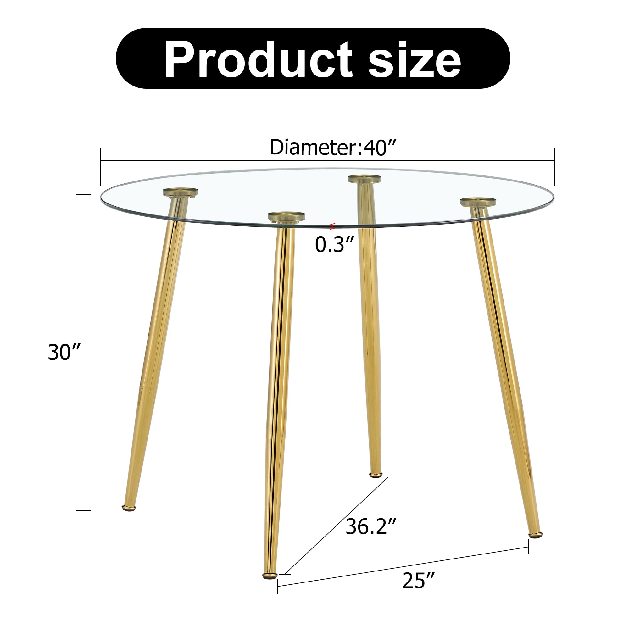 gopop Glass Dining Table Set for 4,5 Piece Round Dining Table Set,Gold Glass Dining Table with 4 White Leather Dining Chairs,Round Kitchen Table Set,Ideal for Apartment Living Room