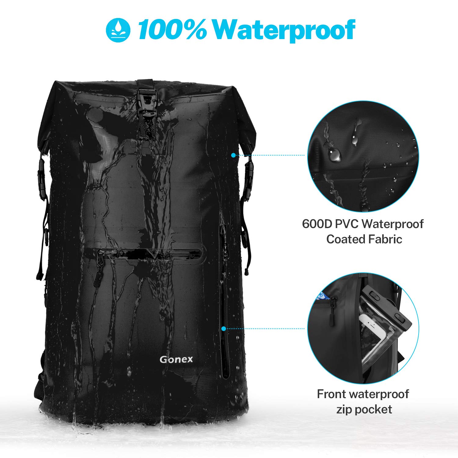 Gonex 35L Waterproof Backpack Floating Dry Bag Heavy Duty Travel Roll Top Bag with Ergonomics Design Padded Back Panel with Phone Case & Laptop Sleeve