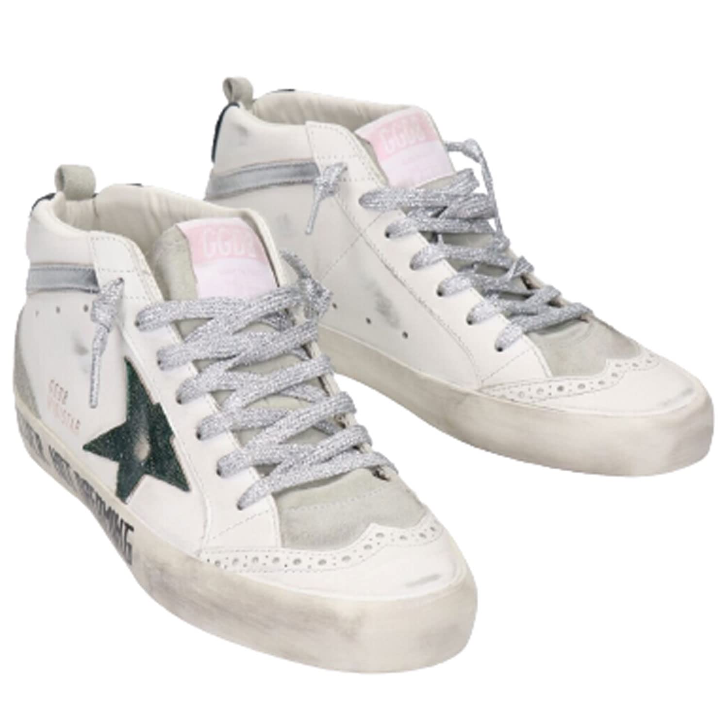 Golden Goose Mid Star Leather Upper Vintage Laminated Star Laminated Wave Suede Spur Signature Foxing Womens Distressed Sneakers-38 White